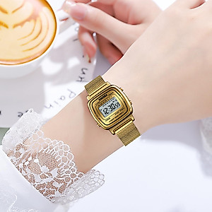 MASTOP Women's Digital Watches Ultra-Thin Gorgeous Simple Petite Wrist Watches Small Dial Mesh Steel Bracelet (Gold)