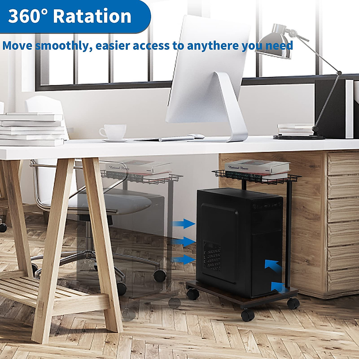 ABQ Computer Tower Stand, C-Shape Mobile CPU Holder with Storage Basket, 2 Tier CPU Stand Cart with Lockable Wheels, Fits Most Gaming PC Under Desk for Office Home