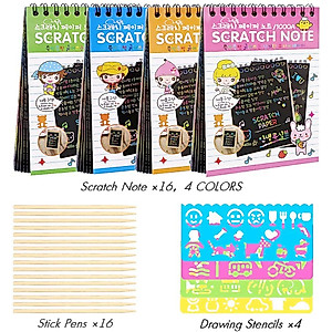 16 Pack Drawing Notebook Set, Scratch Art Paper Rainbow Mini Notes, Sketch Drawing Pad for Kids Party Favors（with 16 Wooden Stylus & 4 Drawing Stencils）