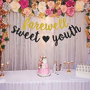 Helewilk Gold & Black Glitter Farewell Sweet Youth Banner, Funeral for My Youth Birthday Garland for 30th 40th 50th 60th Birthday Party Decoration, Funny Women Men Birthday Party Bunting Decor