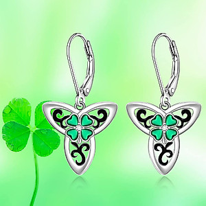 St Patricks Day Earrings Shamrock Earrings for Women Sterling Silver Celtic Knot Green Four Leaf Clover Earrings triangle Jewelry Friendship Irish Birthday Gifts