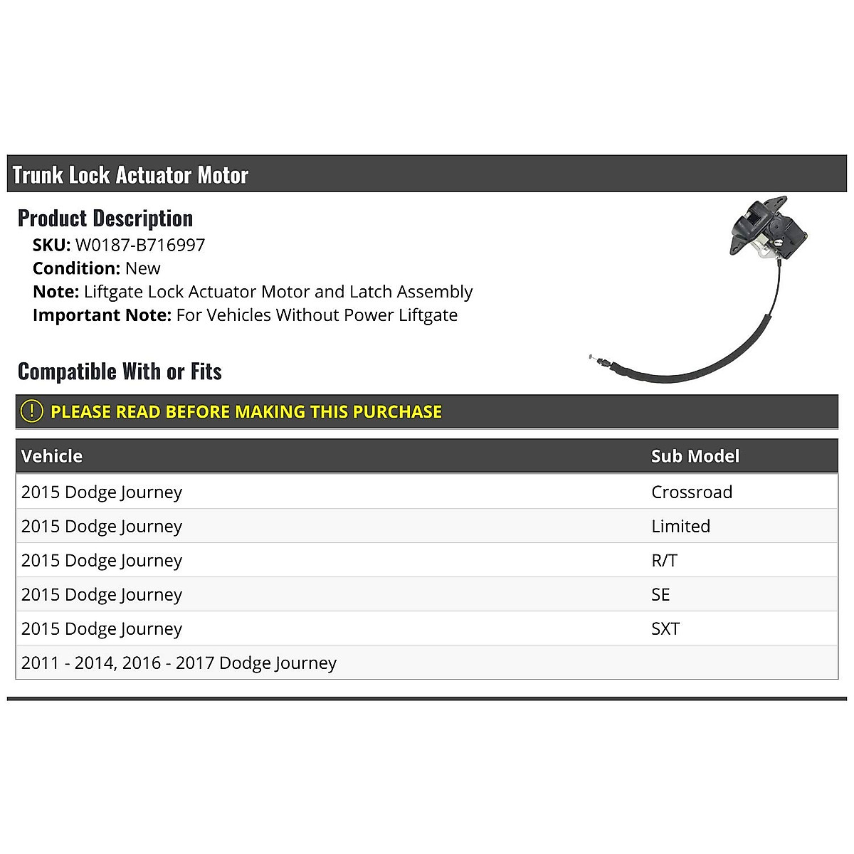 Marketplace Auto Parts, Trunk Liftgate Lock Actuator Motor and Latch Assembly - Compatible with 2011-2017 Dodge Journey (For Vehicles without Power Liftgate)