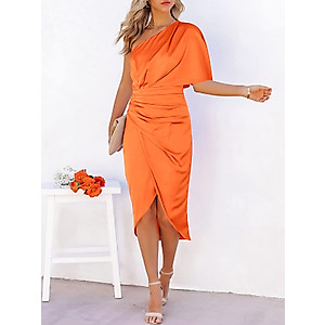 ANRABESS Women Satin One Shoulder Short Sleeve Ruched Bodycon Cocktail Party Elegant Wedding Guest Evening Night Midi Dress orange Medium
