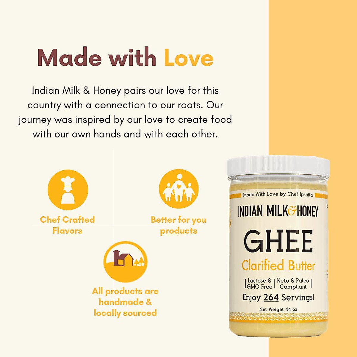 Classic Ghee Butter, Grass-Fed by Indian Milk & Honey, 44 oz with 264 Servings Each | Handmade & Locally Sourced Ghee Clarified Butter | Lactose, Gluten & Casein Free | Ghee in Recyclable PET Jars