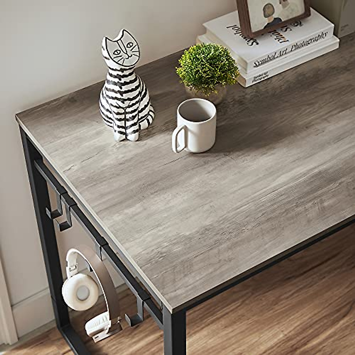 VASAGLE ALINRU Computer Desk, 55-Inch Writing Desk, Office Desk with 8 Hooks, for Study, Home Office, Easy Assembly, Steel Frame, Industrial Design, Greige and Black ULWD059B02