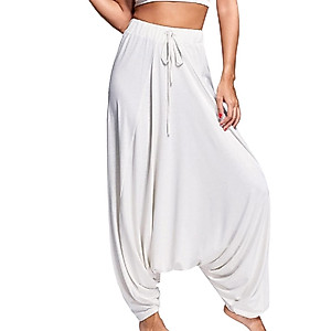 Burband Womens Solid Color Drop Crotch Harem Pants Drawstring Loose Fit Aladdin Hippie Palazzo Lounge Elephant Boho Pants White