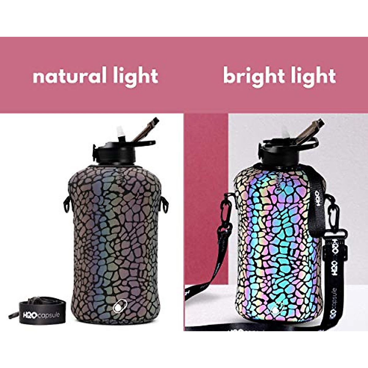 H2O Capsule 2.2L Half Gallon Water Bottle with Storage Sleeve and Covered Straw Lid – BPA Free Large Reusable Drink Container with Handle - Big Sports Jug, 2.2 Liter (74 Ounce) Cheetah Reflex