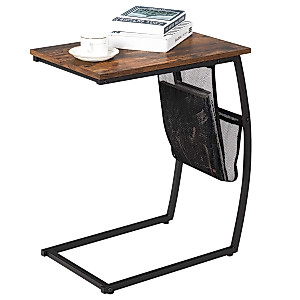 Tangkula Sofa Side End Table, C Table Snack Table with Side Pocket & Metal Frame, Over Bed Table Industrial Side Table for Sofa Couch Bed, Living Room, Bedroom (Rustic Brown)