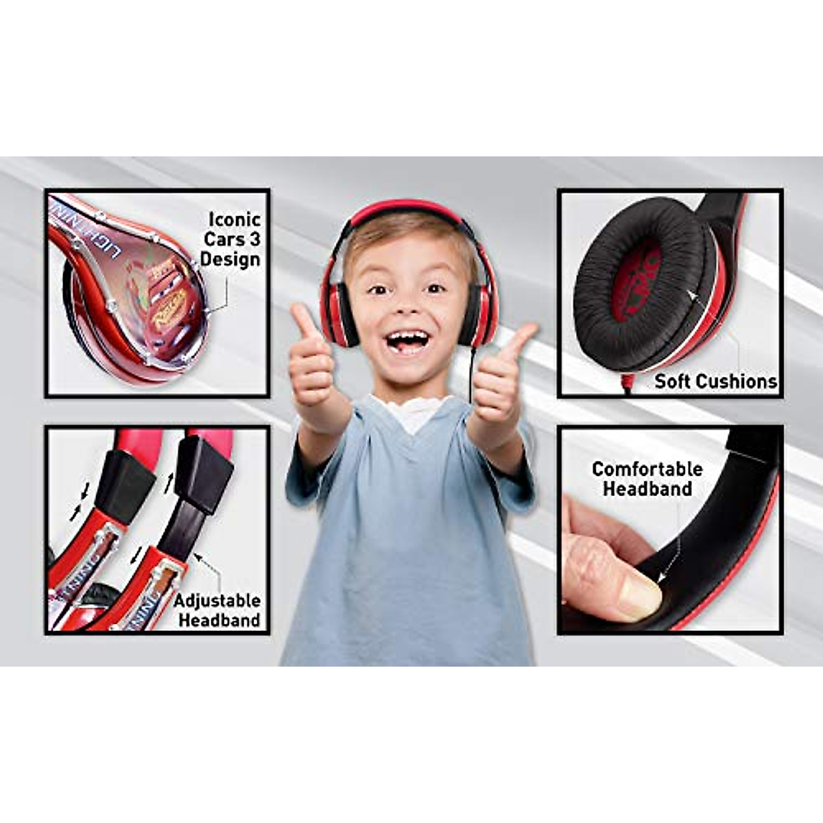 eKids Cars Kids Headphones, Adjustable Headband, Stereo Sound, 3.5Mm Jack, Wired Headphones for Kids, Tangle-Free, Volume Control, Childrens Headphones Over Ear for School Home, Travel