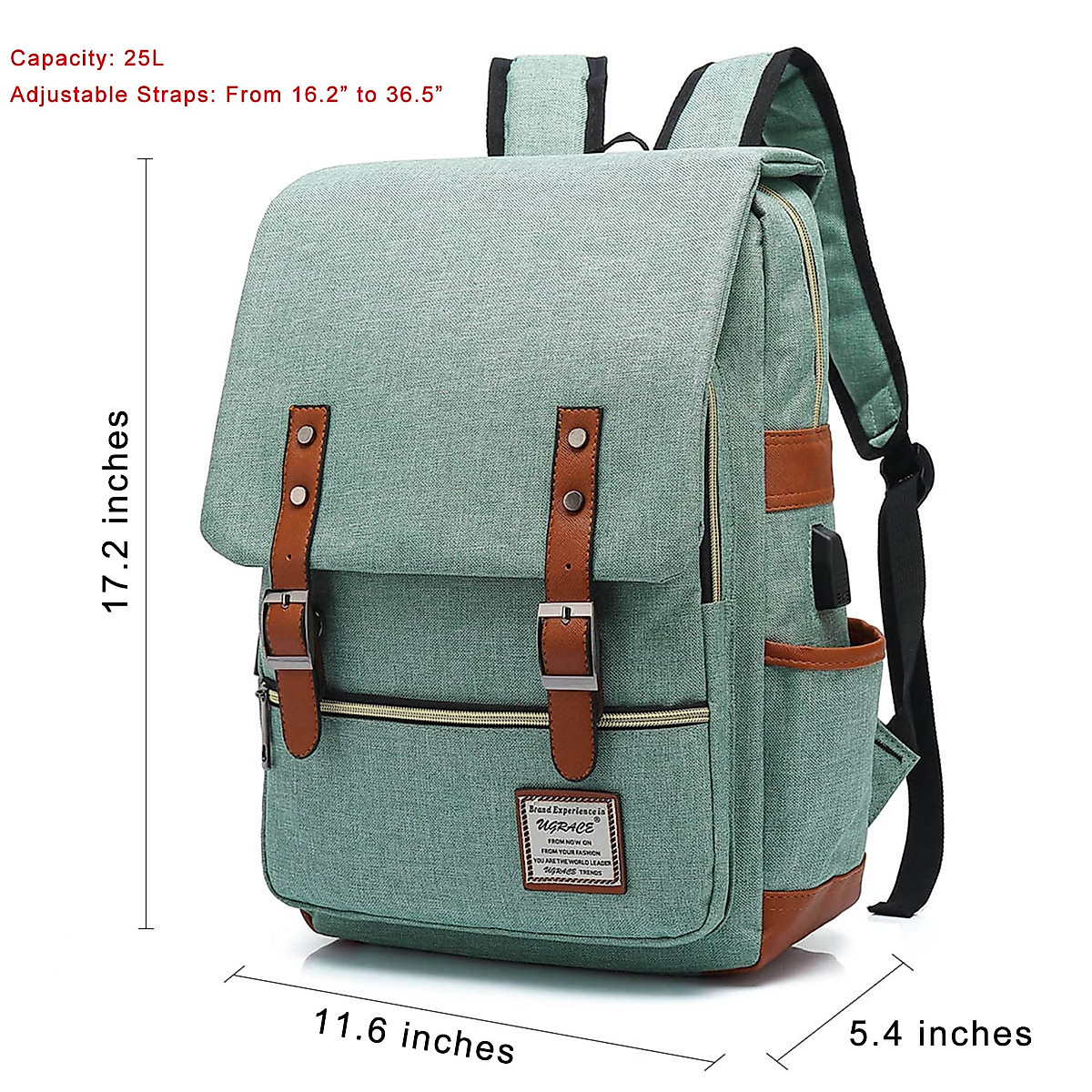 UGRACE Vintage Laptop Backpack with USB Charging Port, Elegant Water Resistant Travelling Backpack Casual Daypacks School Shoulder Bag for Men Women, Fits up to 15.6Inch Laptop in Green
