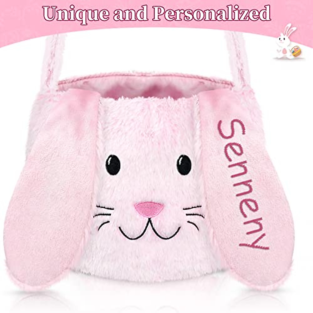 Senneny Easter Baskets for Kids, Personalized Plush Bunny Basket Gift for Girls Boys, Cute Fluffy Eggs Hunting Buckets Bags with Foldable Rabbit Ears, Pink