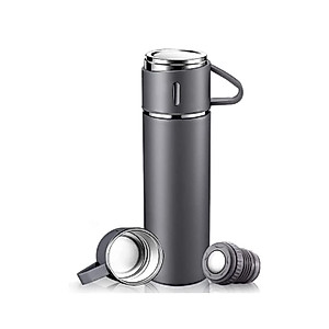 Stainless Steel Thermo 500ML/16.9oz Flask Double Wall Sports Bottle Vacuum Insulated for Coffee Hot Drink and Cold Drink Water Flask with 2 Cups(Gray,Set)