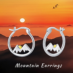Mountain Earrings 925 Sterling Silver Women's Sun Mountain Hoop Earrings Hypoallergenic Mountain Jewelry Gift for Skiers Hiking Mountain Nature Lovers