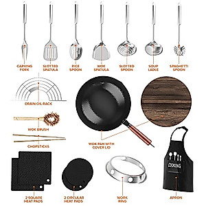 Gekko and Co. Carbon Steel Wok Pan with Lid Bundled with Hot Pads – 14-Piece Woks & Stir-Fry Pans Set –Non-Stick Chinese Wok Pan – Woks for Electric Stove, Gas, Halogen, Induction – 12.6 Inches