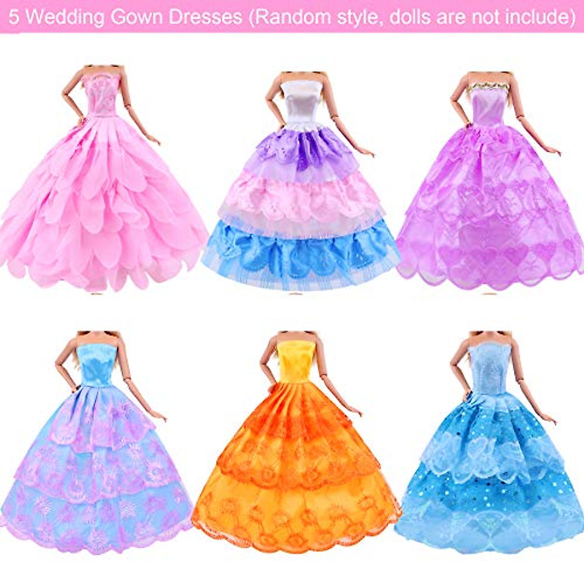 Ecore Fun 41 Pcs Doll Clothes and Accessories, 5 Wedding Gowns 5 Fashion Skirts 5 Mini Dresses 3 Fashion Clothes 3 Bikini Swimsuits 10 Hangers 10 Shoes Perfect for 11.5 Inch Dolls