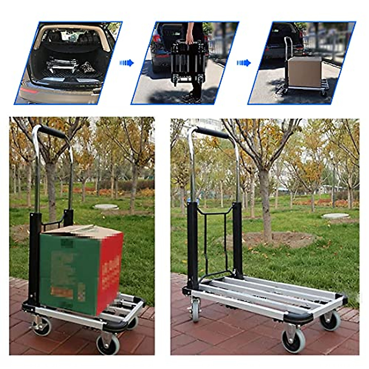 Foldable Platform Cart, Heavy Duty Aluminum Metal Hand Truck Folding Push Carts for Luggage Moving Transportation, 4 Rubber Wheels, 330LB Load Capacity, Come with Bungee Cord