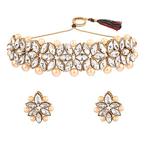 Efulgenz Crystal Pearl Choker Necklace Indian Jewelry Sets for Women Indian Jewelry Faux Pearl Floral Crystal Choker Necklace Stud Earrings Bollywood Wedding Choker Necklace for Women