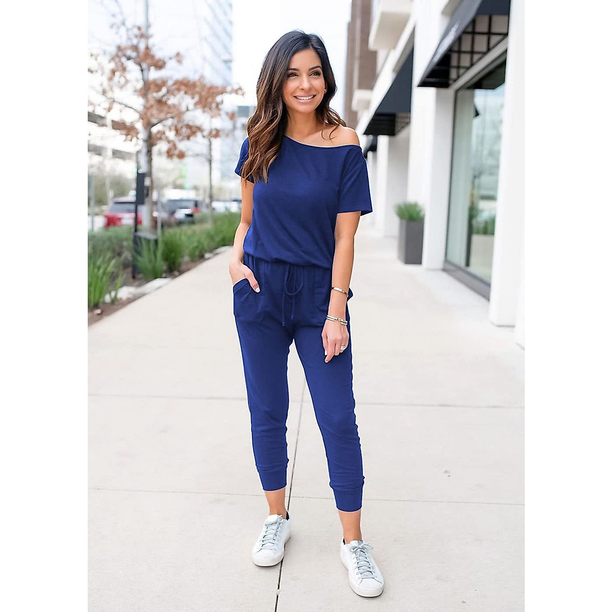 PRETTYGARDEN Women's Loose Solid Off Shoulder Elastic Waist Stretchy Long Romper Jumpsuit (Blue,Small)