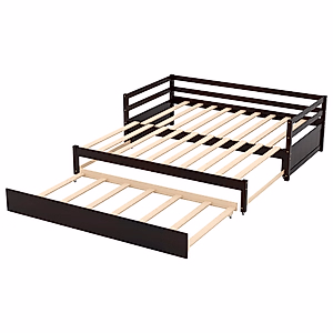 Merax Modern Wood Daybed with Pop Up Trundle Twin to King Triple Sofa Bed Frame for Kids Teens Adults/No Box Spring Needed Espresso