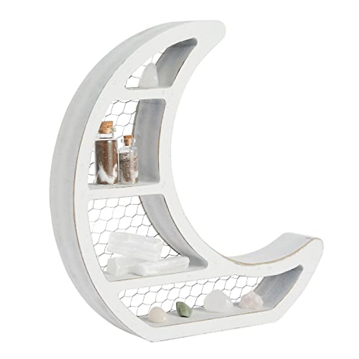 Farmlyn Creek Small Wooden Crescent Moon Shelf for Crystals and Essential Oils, Rustic Home Decor for Nursery, White (10.7 x 11.2 x 2 in)