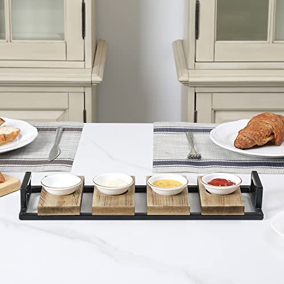 MyGift Black Metal and Burnt Wood Condiment Tray with Handles, White Ceramic Dipping Sauce Bowls for Dip or Appetizers Serving Tray