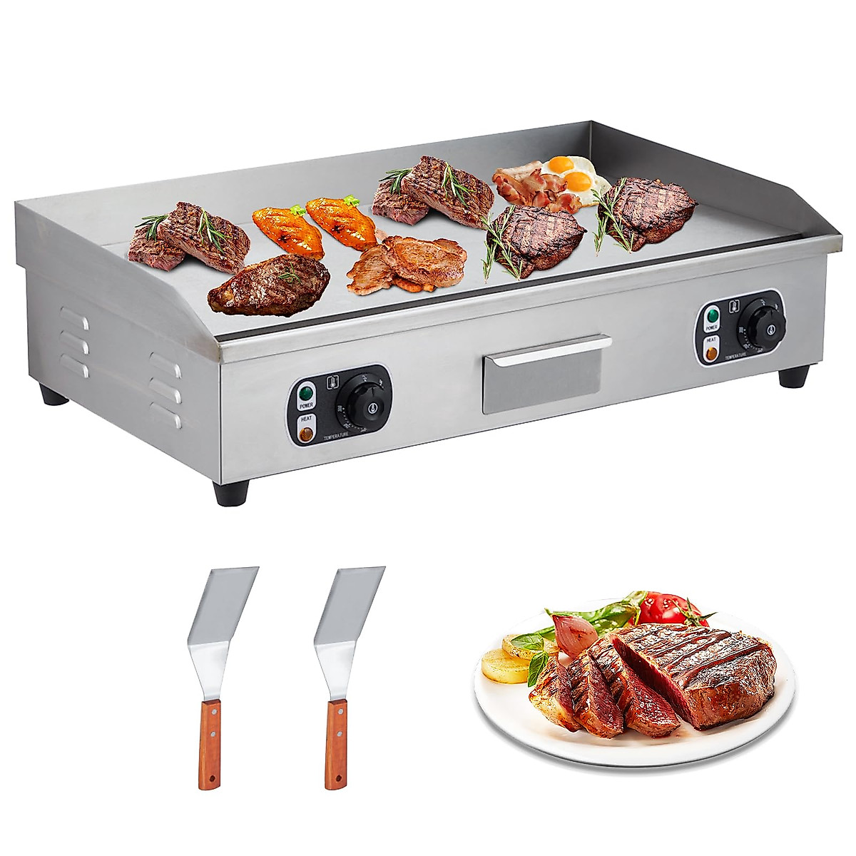 GarveeTech 3000W 29" Electric Countertop Flat Top Griddle Grill Commercial Restaurant Teppanyaki Grill Stainless Steel Tabletop Flat Top Grill Machine with Adjustable Thermostatic Control,110V