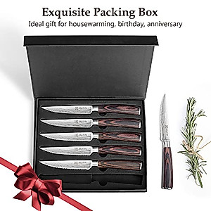 PAUDIN Steak Knives Set of 6, Kitchen Steak Knife 4.5 Inch, High Carbon Stainless Steel Steak Knives, Serrated Steak Knife with Pakkawood Handle, Dinner Knives with Gift Box