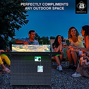 BENAIYA Patio Fire Pit Table 44x 32x 26, 50000 BTU Gas Heater for Gardens, Outdoor Firepit with Wind Guard, Stainless Steel Burner & Brown Rattan Body