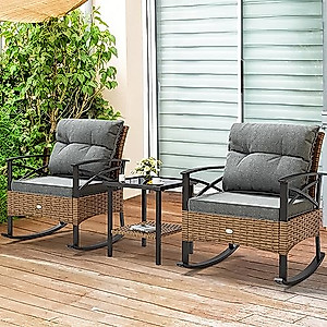 YITAHOME 3-Piece Outdoor Rocking Chair Bistro Set, Patio Wicker Rocking Chair Conversation Set with Glass Coffee Table & Soft Cushions for Balcony, Lawn and Porch Poolside (Light Brown+Gray)
