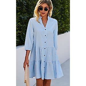 CCTOO Women’s Summer Dresses Casual V Neck Button Down 3/4 Sleeve Floral Print Loose Flowy Shirt Dress Blue Medium