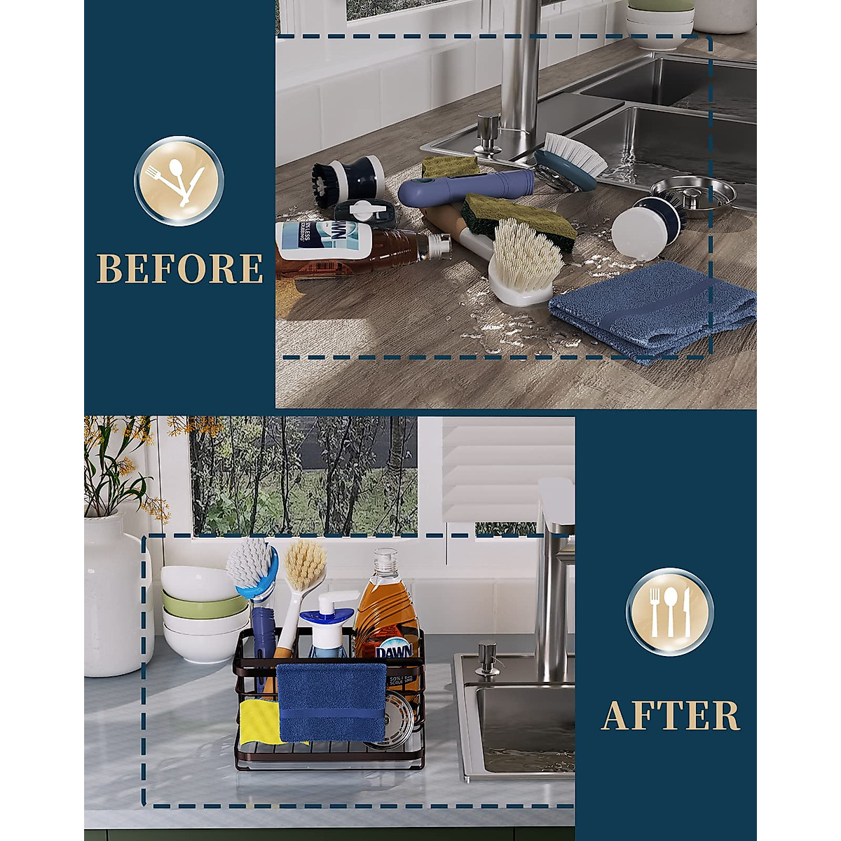 Consumest Sink Caddy, Sponge Holder for Kitchen Sink with Drip Tray, Non-Slip Kitchen Sink Organizer for Countertop, SUS304 Stainless Steel Rustproof Sink Rack - Bronze