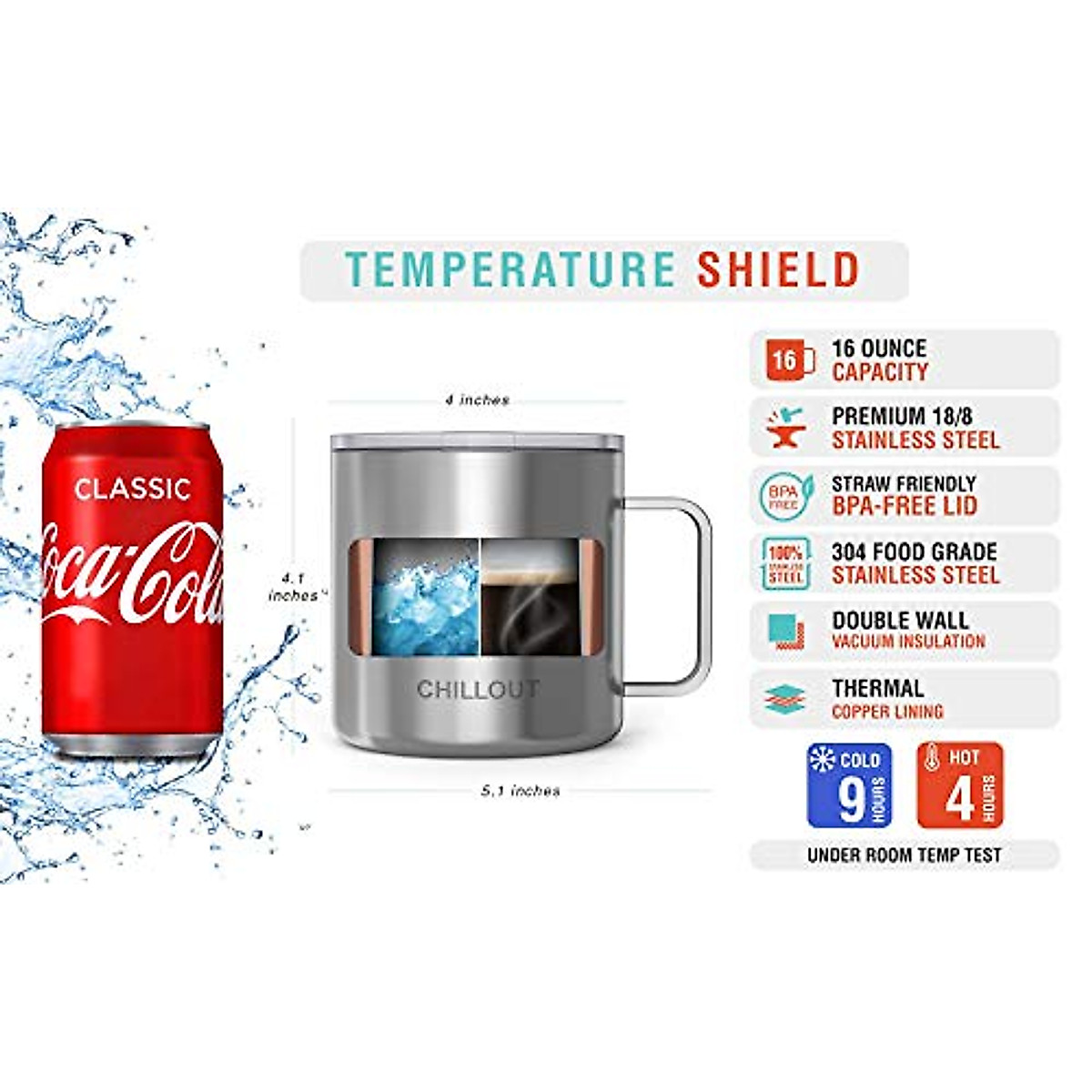 CHILLOUT LIFE Stainless Steel 16 oz Vacuum Insulated Coffee Mug with Handle and Lid, Large Thermal Camping Coffee Mug Cup with Durable Sliding Lid for Men & Women, Keeps your Beverages Hot & Cold