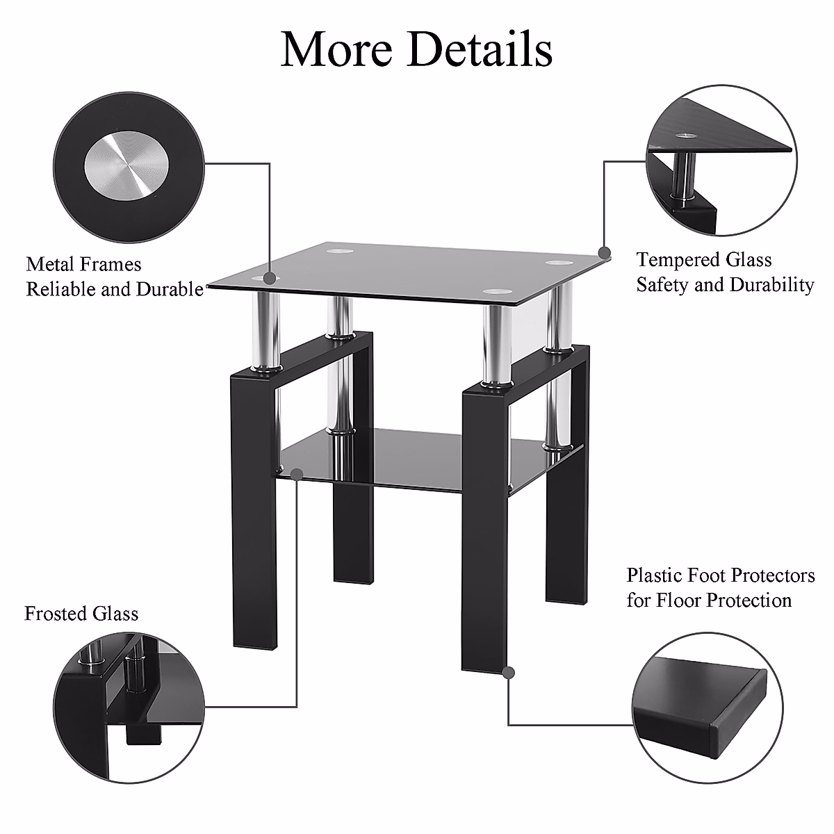 GSSDEE Glass Coffee Table and End Table Set of 3, 2-Tier Classic Design, Tempered Glass Top & Solid Metal Legs Table Set, Use for Livingroom Center Table, Sofa Nightstand (Black, Lift top Set of 3)