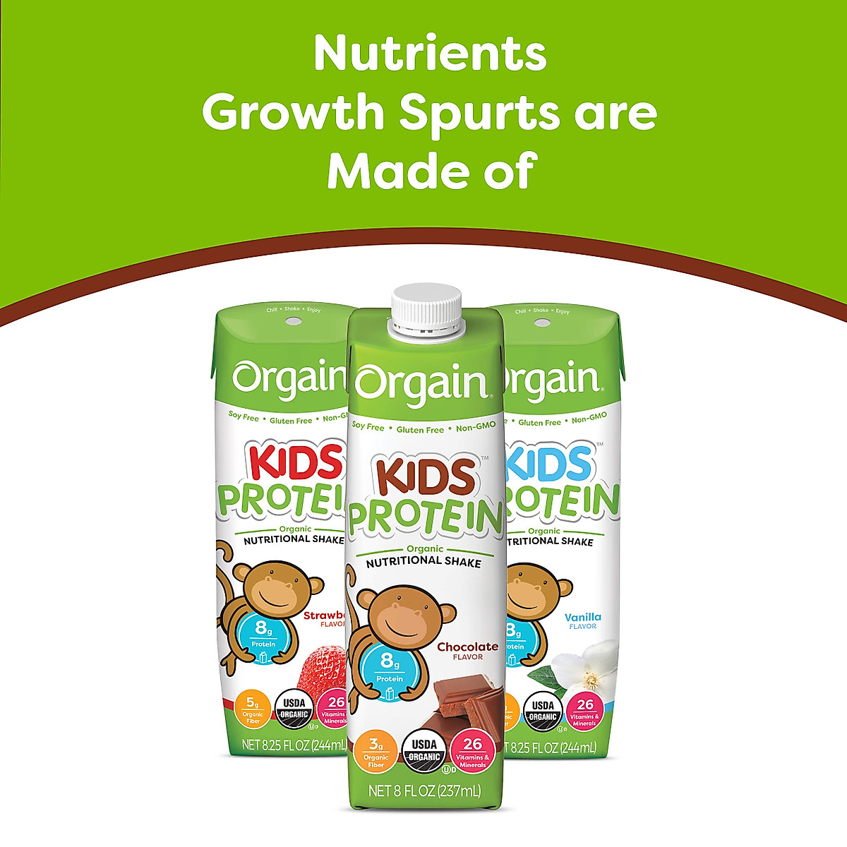 Orgain Organic Kids Protein Nutritional Shake, Chocolate - Great for Breakfast & Snacks, 21 Vitamins & Minerals, 10 Fruits & Vegetables, Gluten Free, Soy Free, 8.25 oz, 12 Count (Packaging May Vary)