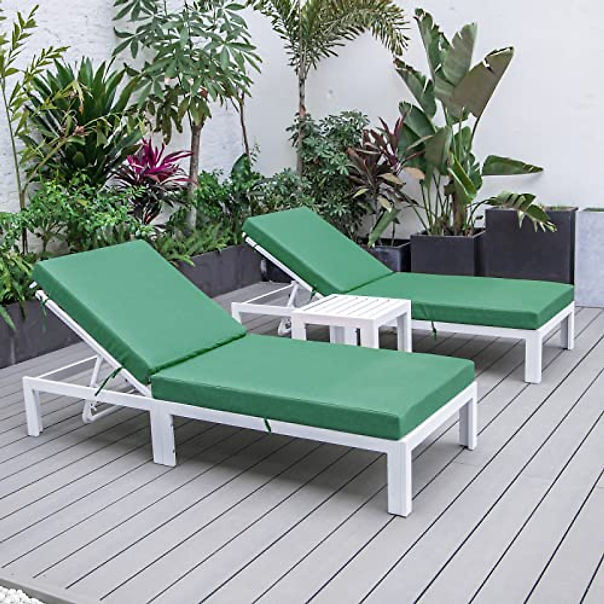 LeisureMod Chelsea Modern White Aluminum Chaise Lounge Outdoor Patio Chair with Side Table & Cushions Set of 2, Green