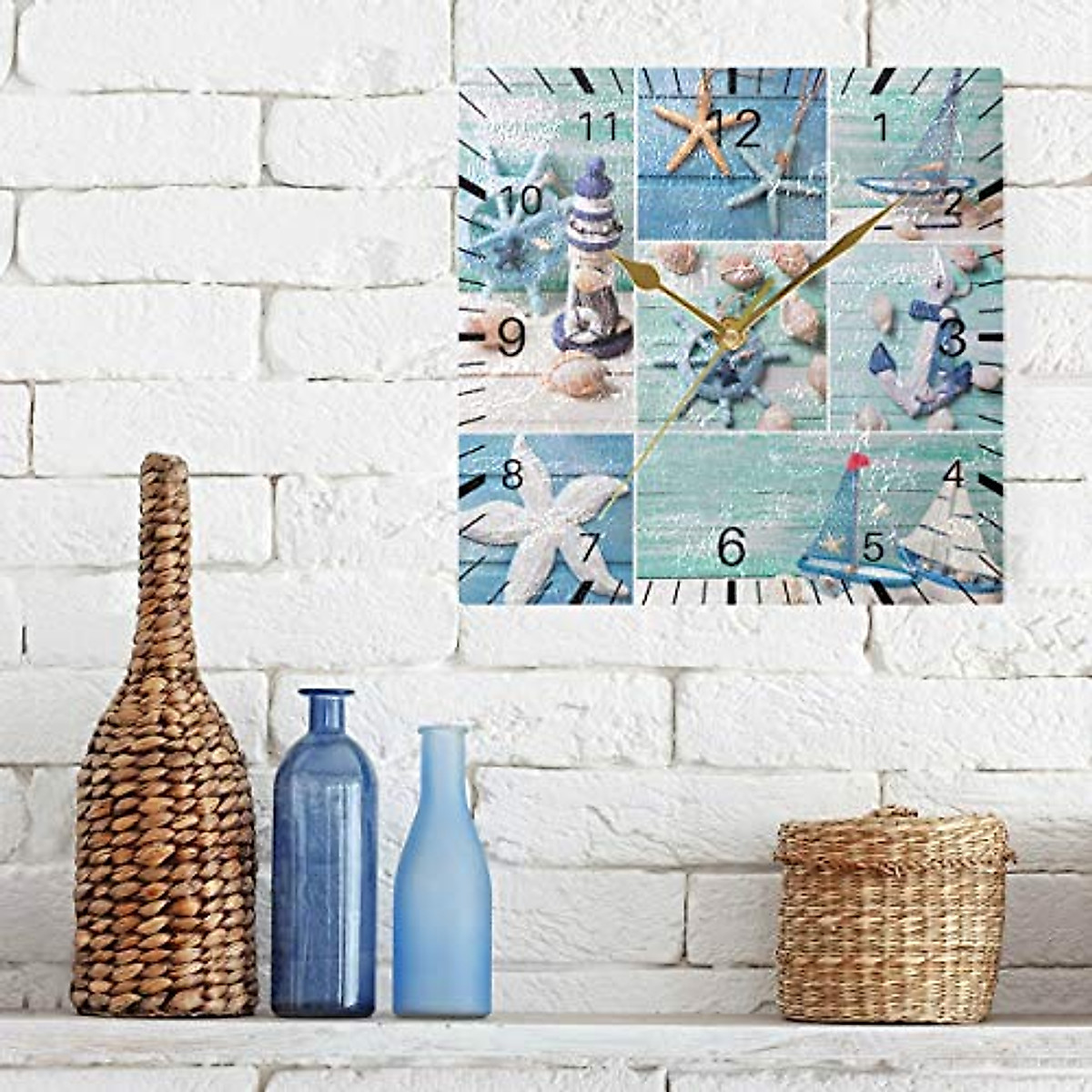 ALAZA Sea Anchor Lighthouse Ship's Wheel Ocean 7.9 Inch Square Wall Clock Battery Operated Non-Ticking Silent Quartz for Kitchen Home Living Room Office Bedroom(Black Pointer)