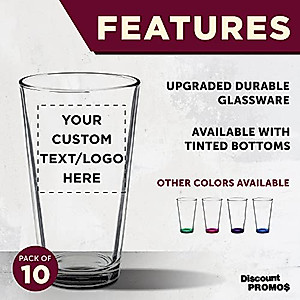 DISCOUNT PROMOS Custom Heavy Duty Beer Pint Glasses by ARC 16 oz. Set of 10, Personalized Bulk Pack - USA Made Restaurant Glassware, Perfect for Beer, Cocktails, Soda, Other Beverages - Clear