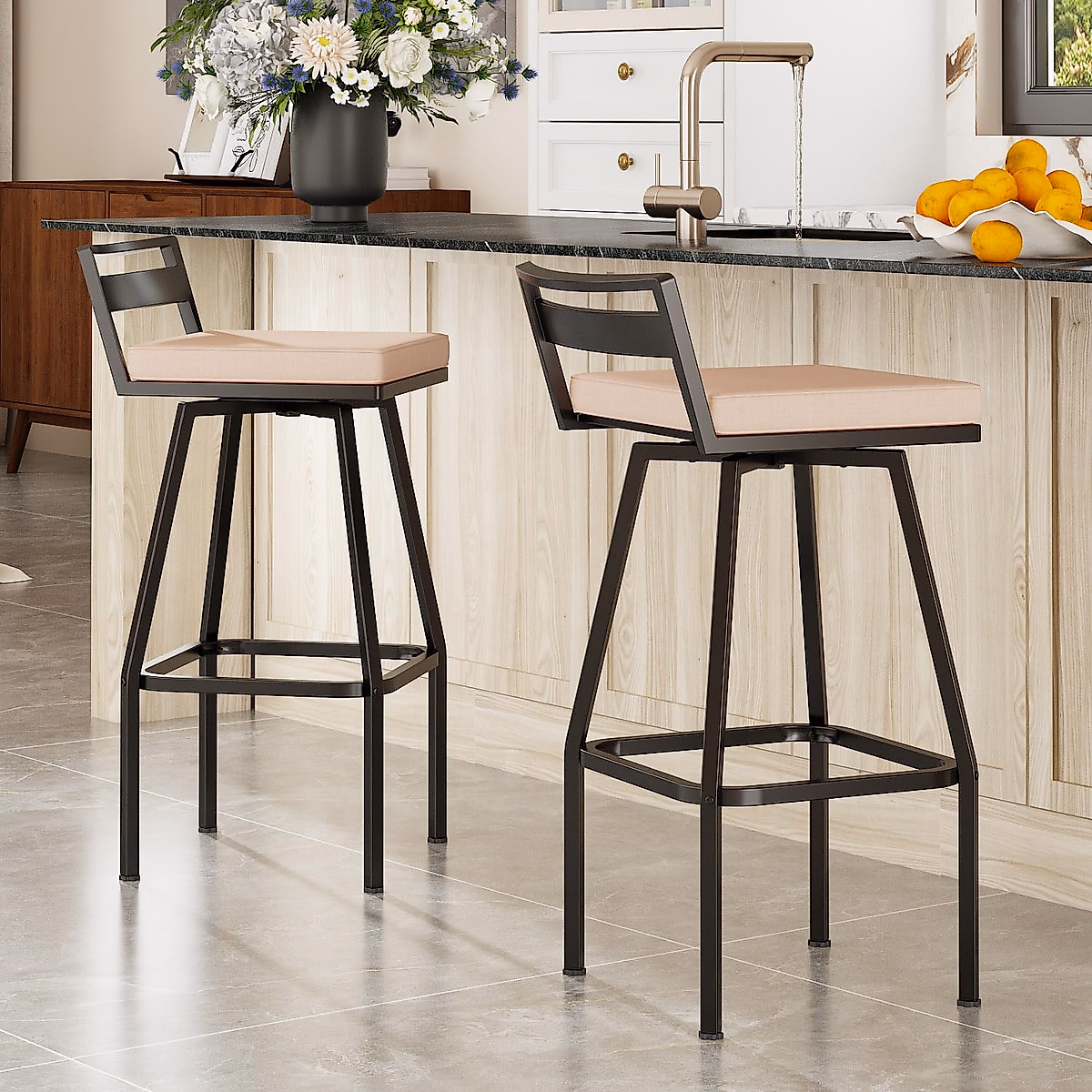 Lovinouse 27" Height Low Back Swivel Bar Stools with Cushion Set of 2, Outdoor Patio Wrought Iron Chair Set, Outside Metal Bar Chair, Height Barstool for Bistro Lawn, Garden, Backyard, Indoor