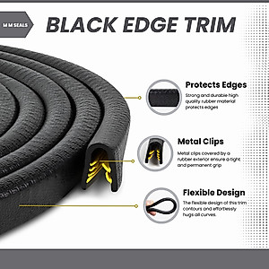 M M Seals - Edge Trim Black Fits 1/5 Inch (4.9mm), Leg 0.65 Inch (16.6mm), Length 15 Feet (4.6Meter) - Protective Edging Strip for Car Door Seal & Boat