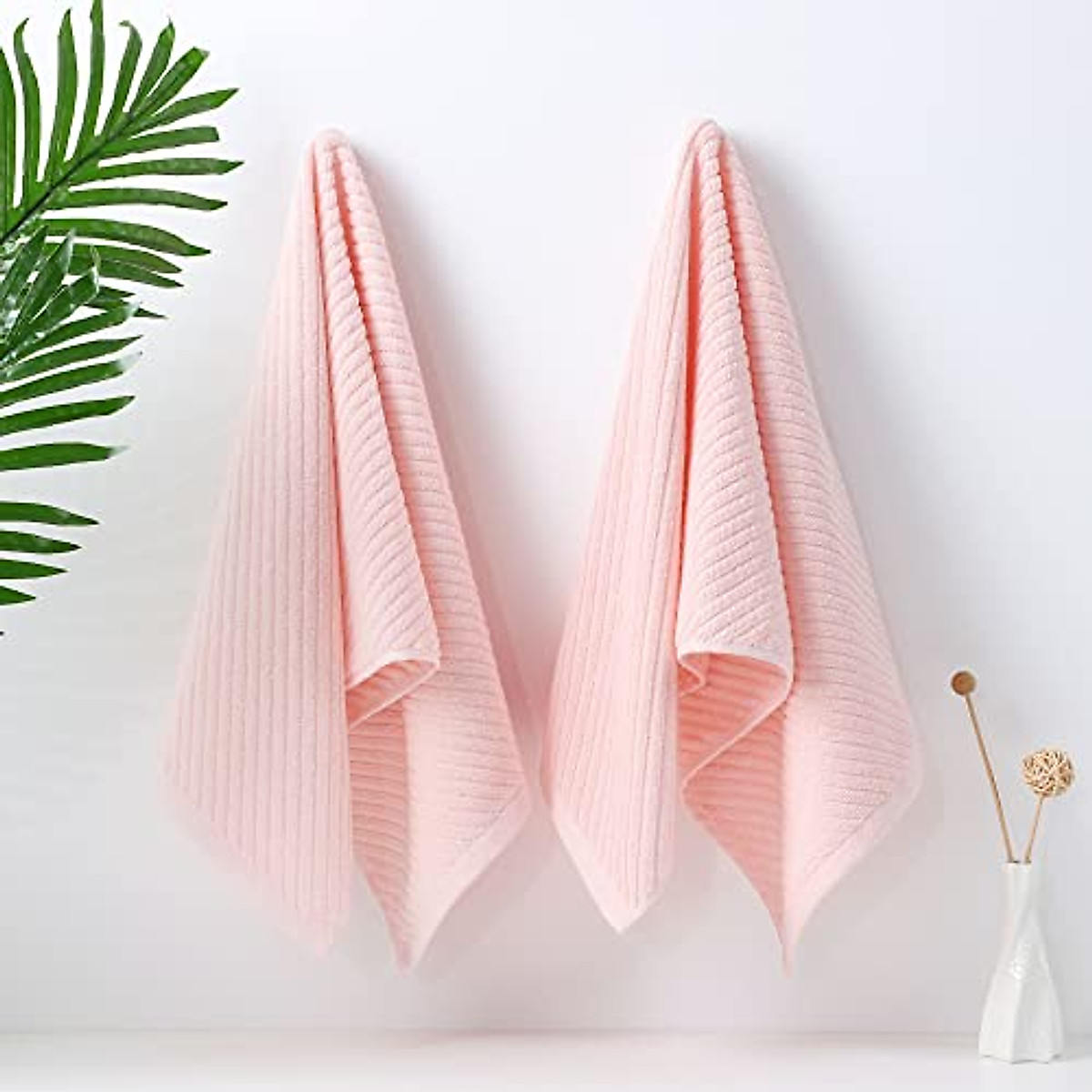 PiccoCasa Set of 2, Pink Ribbed Hand Towels for Bathroom 13 x 29 Inch 100% Cotton Soft Absorbent Soft Feeling Fast Drying Towels Hotel Spa Towel Face Towel