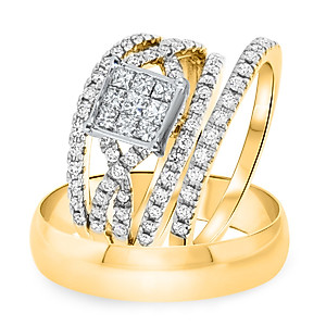 jsjewels 14K Yellow Gold Fn 1 3/4Ct Princess/Round Sim Diamond His & Her Wedding Trio Ring Set