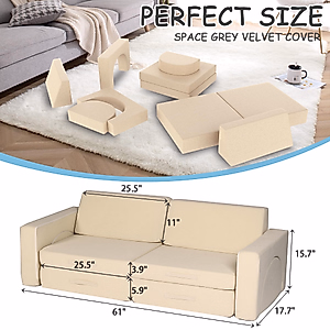 VINYUSE Kids Couch 10PCS, Modular Kids Sofa for Playroom Bedroom Living Rooms, 10 in 1 Multifunctional Kids Sofa for Playing, Creativing, Sleeping, Kids Furniture for Gift, Beige