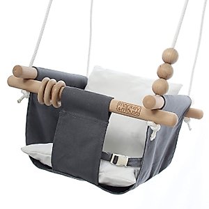 Monkey & Mouse Baby Swing Seat, Secure Canvas and Wooden Hanging Swing Chair, Infant, Toddler, Kids Toys - Indoor and Temporary Outdoor Hammock for Indoor Playground, Tree Swings or Backyard