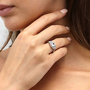 BERRICLE Sterling Silver 3-Stone Wedding Engagement Rings Cushion Cut Cubic Zirconia CZ Halo Ring for Women, Rhodium Plated Size 8