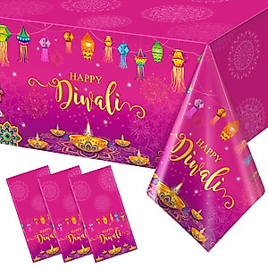3 Pack Happy Diwali Disposable Tablecloth, Festival of Lights Plastic Table Cover for Rectangle Tables, Diwali Table Cloth for Indian Diwali Light Celebration Party Supplies Decorations, 54×108 Inch