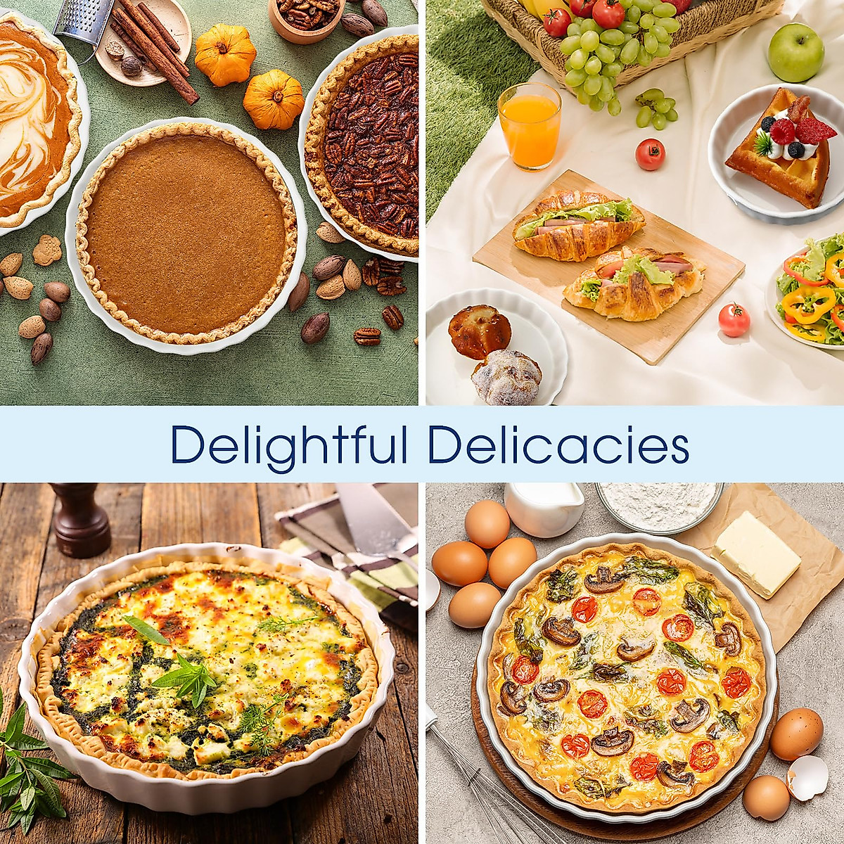 Zhehao 5 Pcs Porcelain Tart Pan Set, 5"/ 6"/ 7"/ 9"/ 11" Quiche Ceramic Baking Dish Non Stick Round Pie Dish White Pie Plate with Ruffled Edge for Tarts, Pie, Microwave, Dishwasher and Oven Safe