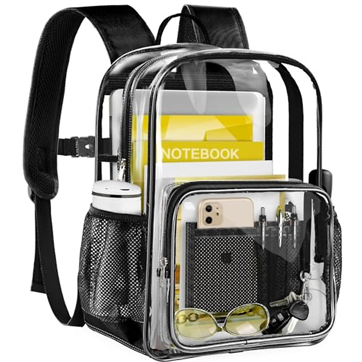 GEAMSAM Clear Backpack, Heavy Duty Transparent Backpack with Reinforced Bottom See Through Backpack for College, Travel, Workplace Security - Black