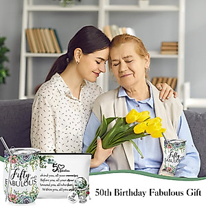 Irenare 50th Birthday Gifts for Women Fifty Fabulous Gifts for Her Happy 50th Birthday Gifts for Grandma Mom Sister Wife Aunt Friends Wine Glass Cosmetic Bag for Woman Birthday Gift(Fresh Style)