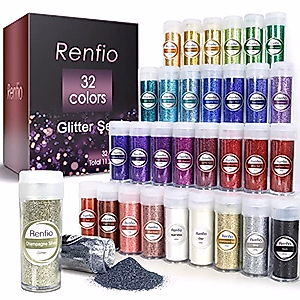 Renfio 32 Colors Glitter Set, 11.28oz 320g Ultra Fine Glitter Powder PET 1/128" 0.008" 0.2mm Resin Suppies Assorted Craft Glitter for Fake Nails, Resin Art, Tumblers, Slime, Hair, Bomb