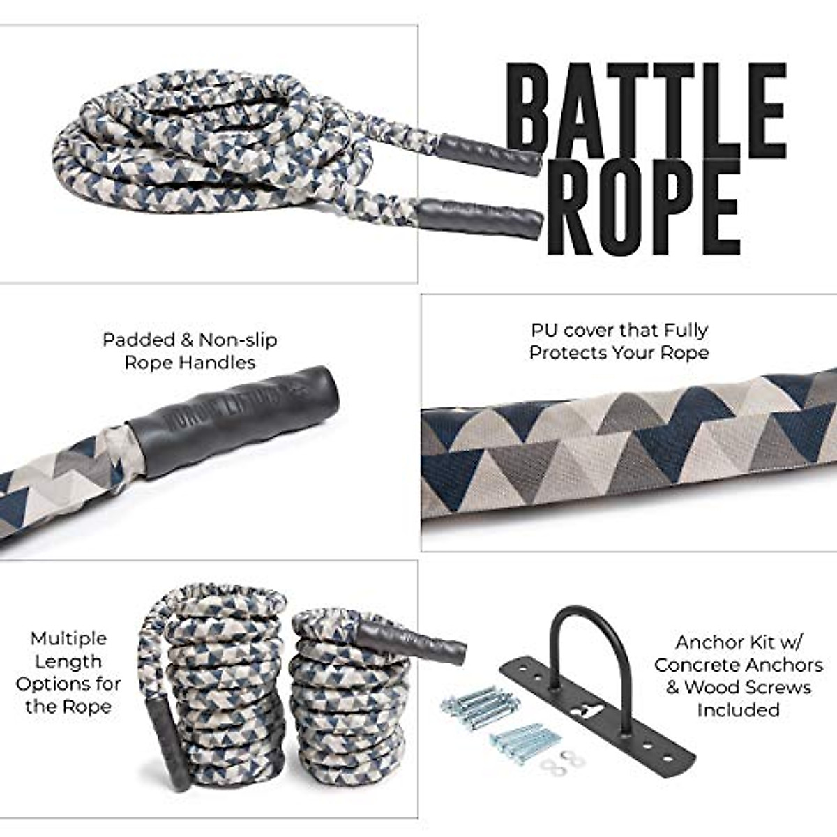 Battle Rope for CrossFit & Undulation Training - w/Anchor Kit for Gym Exercise by Nordic Lifting